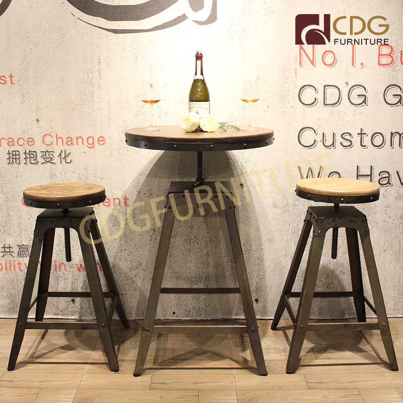 Vintage Design Adjustable Solid Wood Cafe Bar Table Steel Timber Top ...